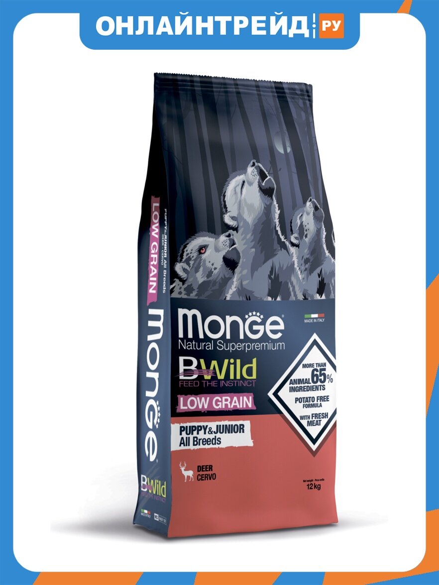 Корм сухой для щенков всех пород Monge Dog BWild LOW GRAIN Puppy & junior низкозерновой, из мяса оленя 12 кг