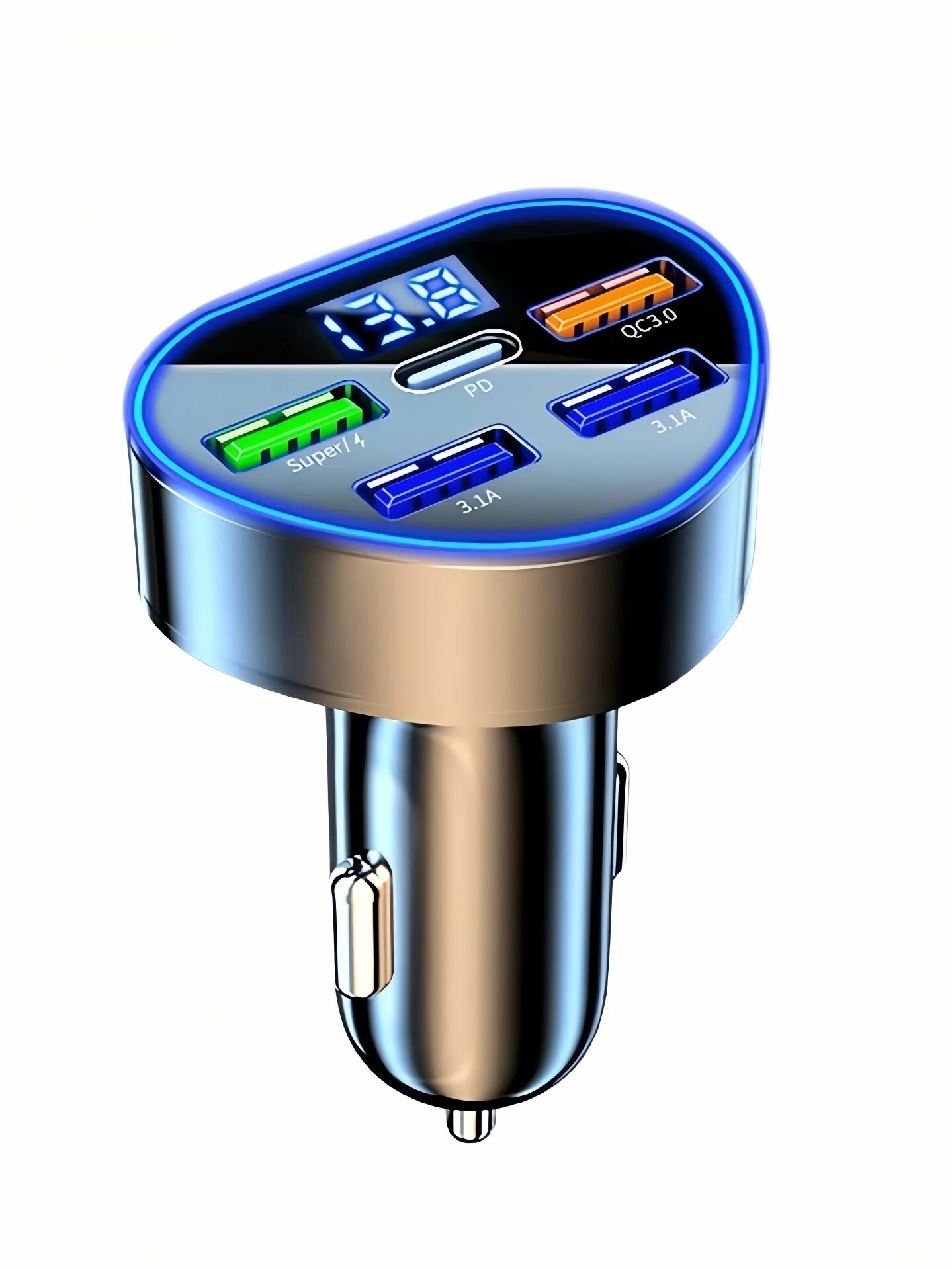 Зарядка в прикуриватель, с цифровым вольтметром, 4-USB + 1 Type-C с быстрой зарядкой