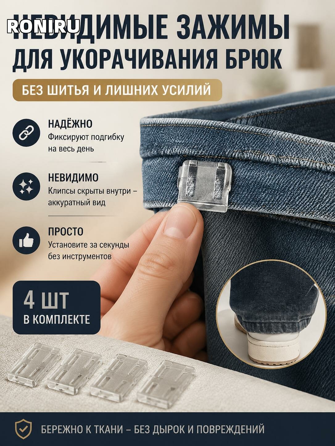 Невидимые зажимы для укорачивания брюк без шитья — пластиковые клипсы для джинсов и брюк, комплект из 4 шт в наборе
