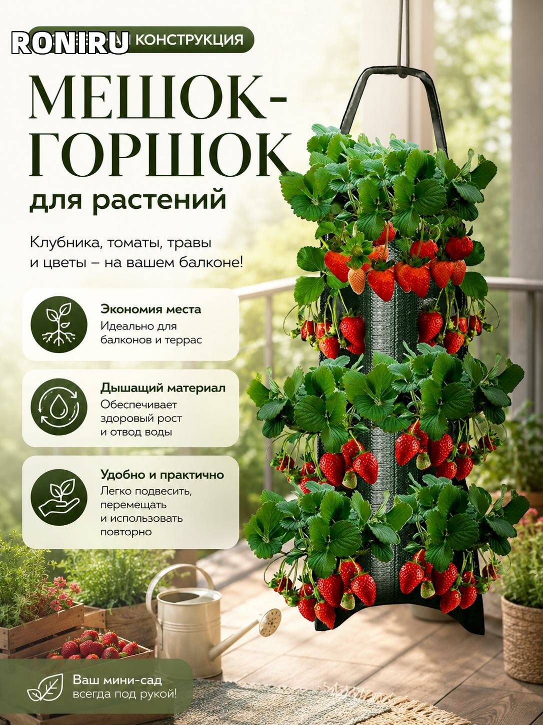 Мешок-горшок для растений с подвесной конструкцией, нетканый, для клубники, томатов, трав и цветов на балконе
