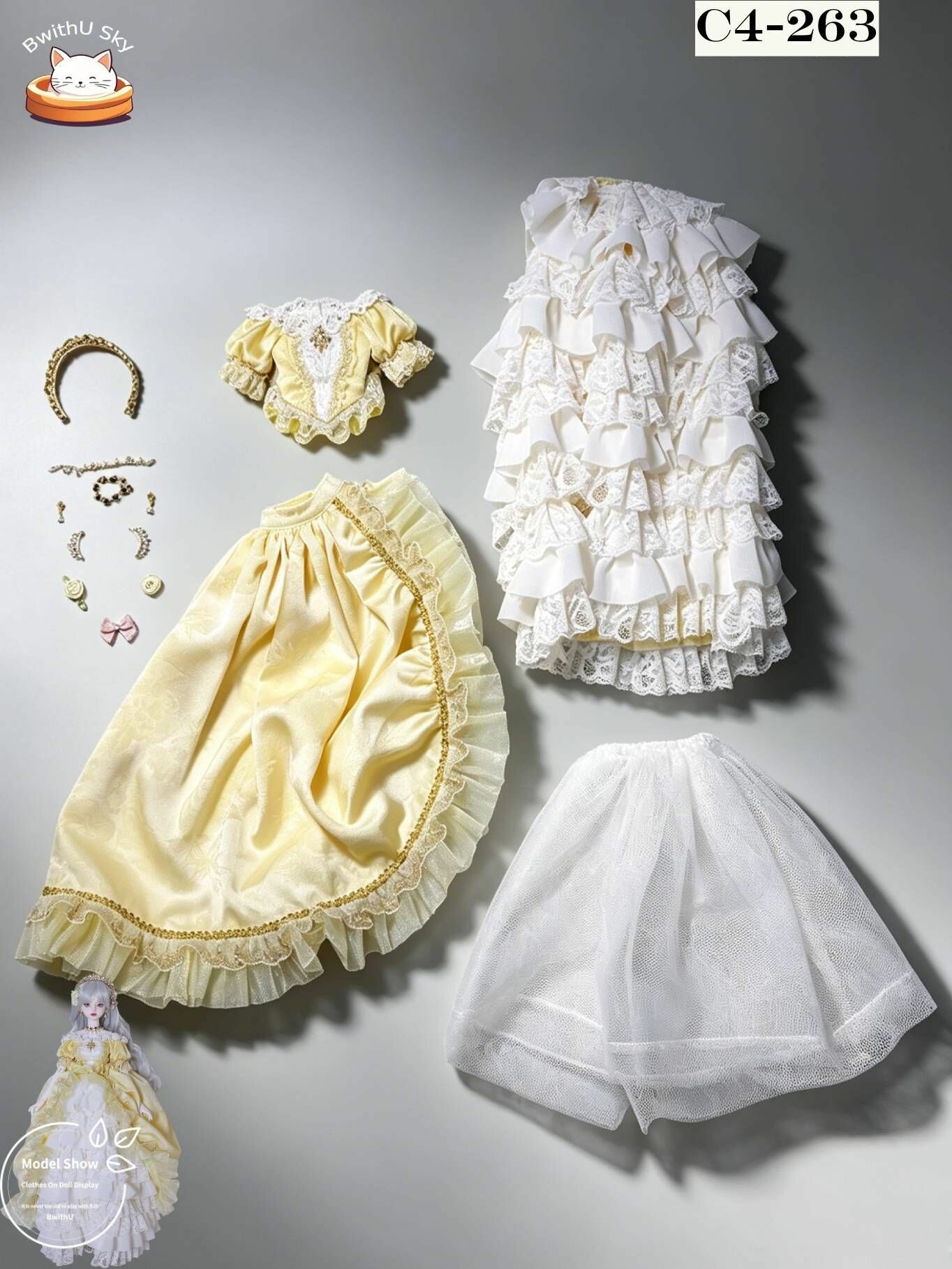 BwithUSky C4-263 for 1/4 BJD Bowen Комплект для БЖД: желтый лолита-костюм с многослойным кружевом и