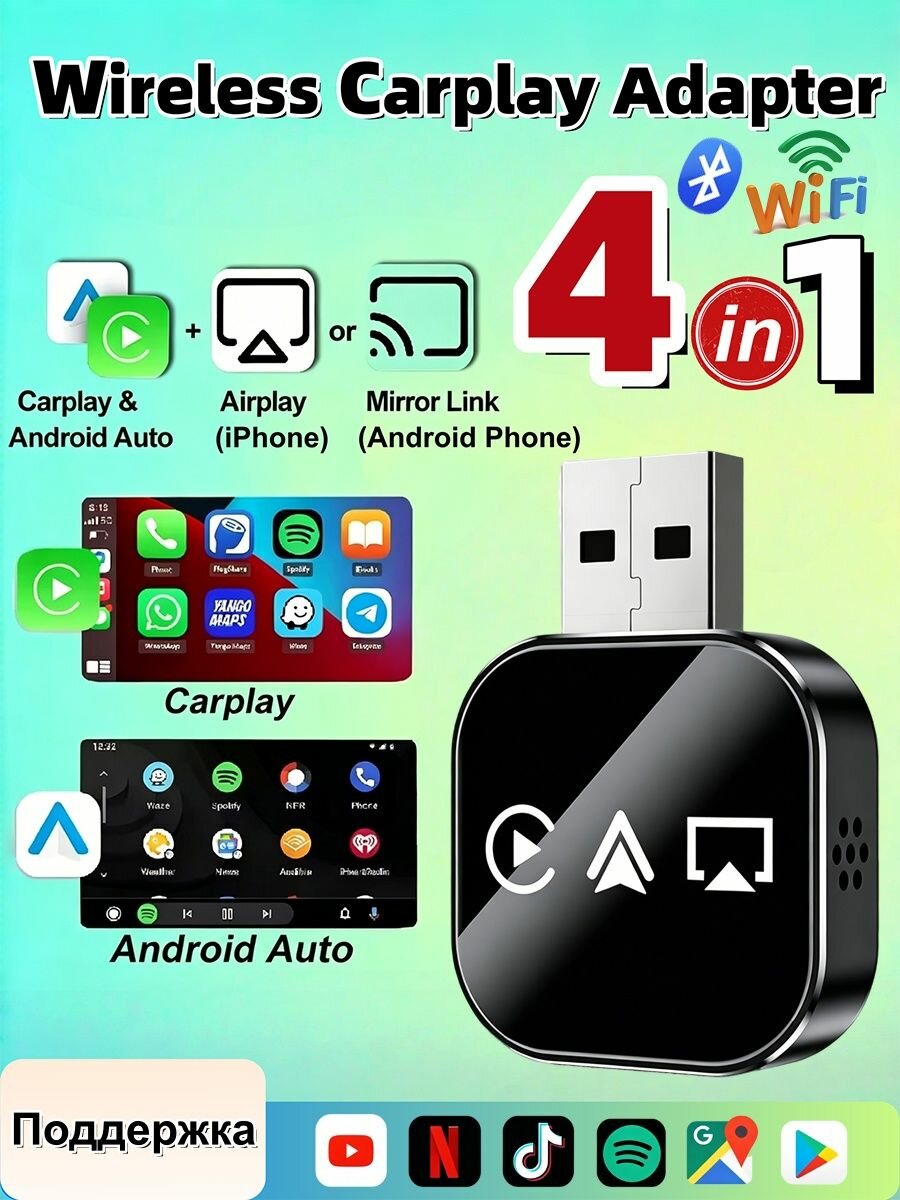 4-в-1 блок CarPlay для авто, зеркалирование экрана, обратное управление, беспроводной адаптер мультимедиа