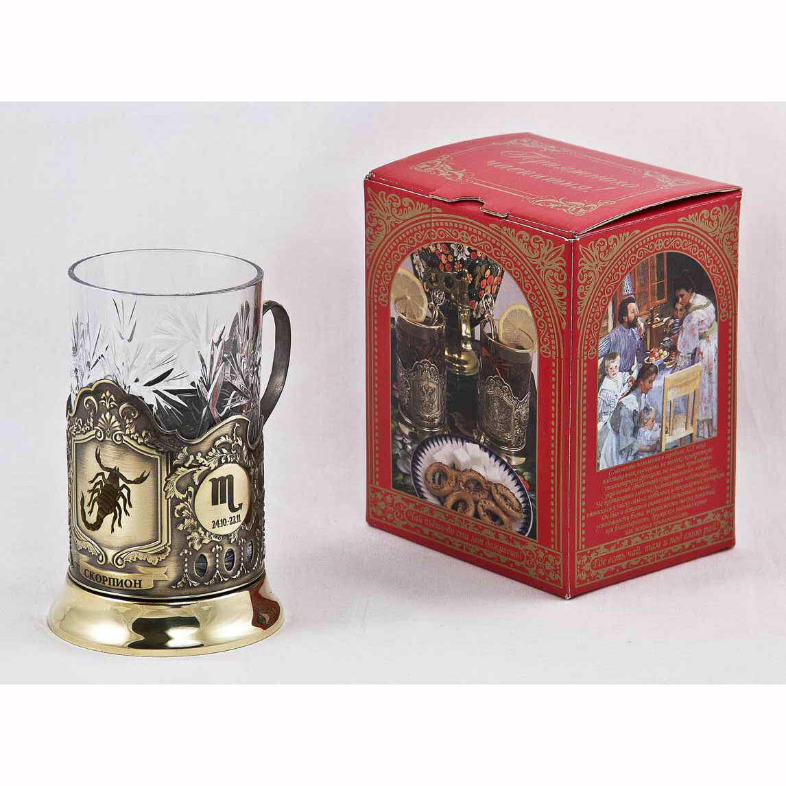 Подстаканник "Скорпион" карт. коробка, хруст. стакан, латунь, гравировка в 4-х местах ПД-202К-л