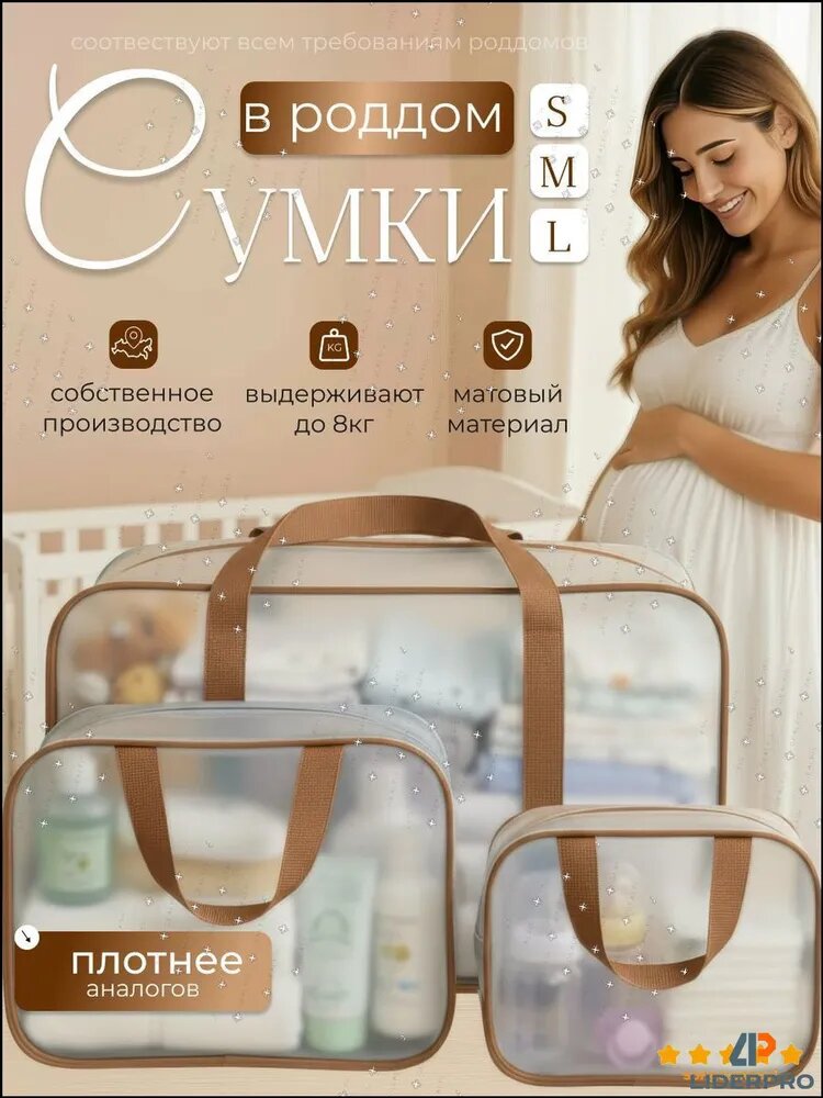 Сумки в роддом набор 3 шт, прозрачные, матовые, размеры S M L