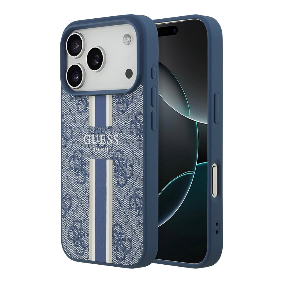 Guess чехол с MagSafe для iPhone 17 Pro Max, PU кожа 4G Stripes, синий