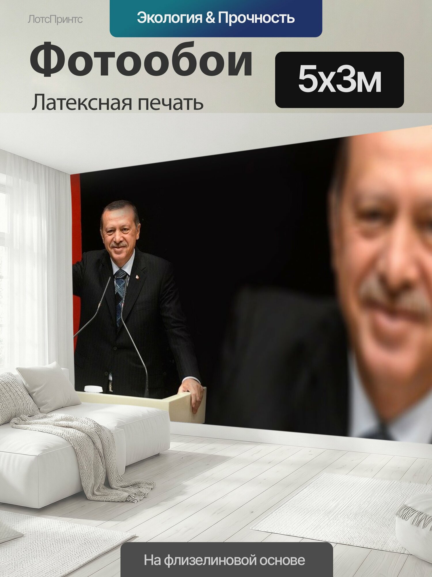 Фотообои моющиеся ударопрочные "Эрдоган, турция, президент" 500x300 см. латексная печать