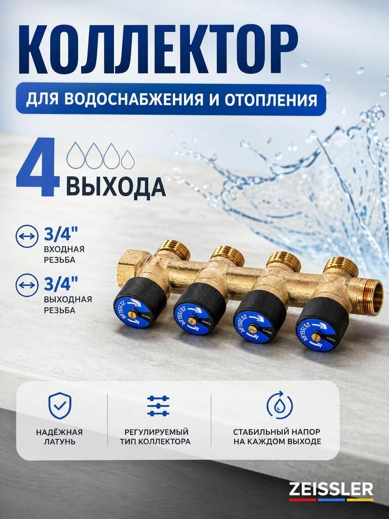 Коллектор для водоснабжения Tim - Zeissler 3/4"х3/4" на 4 вых(1шт)