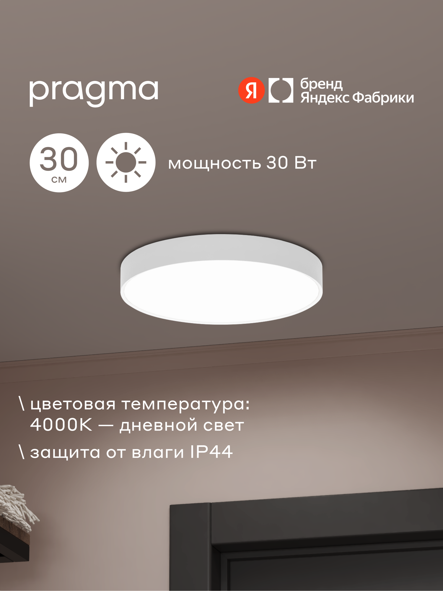Pragma Tinsu Светильник потолочный светодиодный, 30 Вт, круглый, 300 мм, IP44, белый, нейтральный свет, 4000K