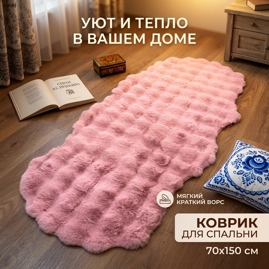 Пушистый ковёр из искусственного меха 70×150 см, мягкий, противоскользящий - розовый