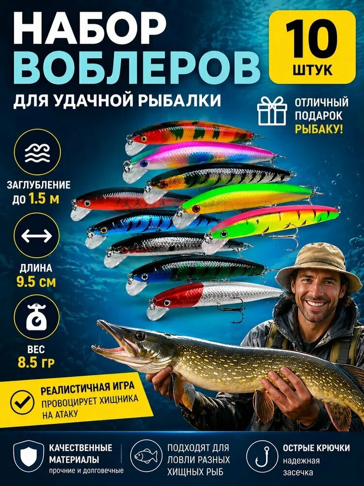 Набор рыболовных воблеров для рыбалки: суспендер минноу плавающий 10 шт. + кейс(Minnow 10 шт.)