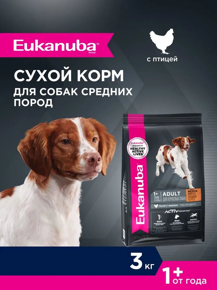 Сухой корм для собак Eukanuba для средних пород с птицей, 3 кг