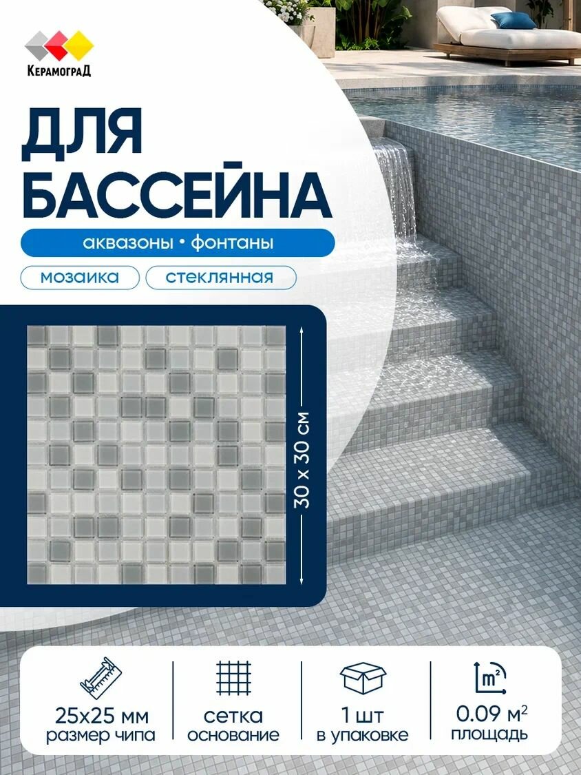 Плитка мозаика КерамограД стеклянная на сетке для бассейнов, аквазон и фонтанов, влагостойкая износостойкая, 30х30см/ 1 сетка