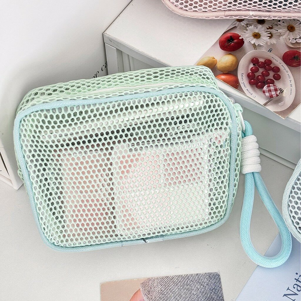 Trendy melon color nylon mesh makeup organizer with zipper for travel and gift giving, green