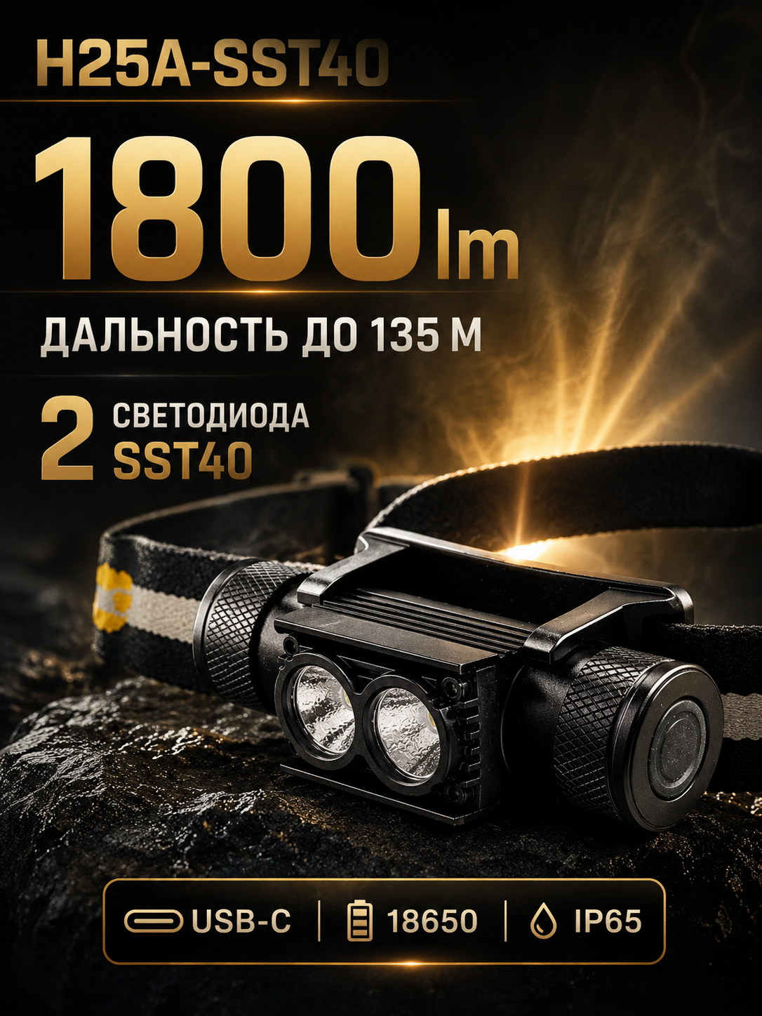Мощный налобный фонарь H25A-SST40 с аккумулятором, 1800 люмен, Type-C, 5 режимов, для охоты, рыбалки и туризма