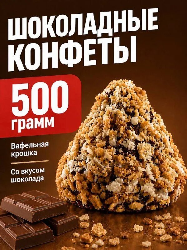 Шоколадные конфеты в вафельной крошке глазированные со вкусом шоколада 500гр с кондитерской глазурью с корпусом на основе жиров