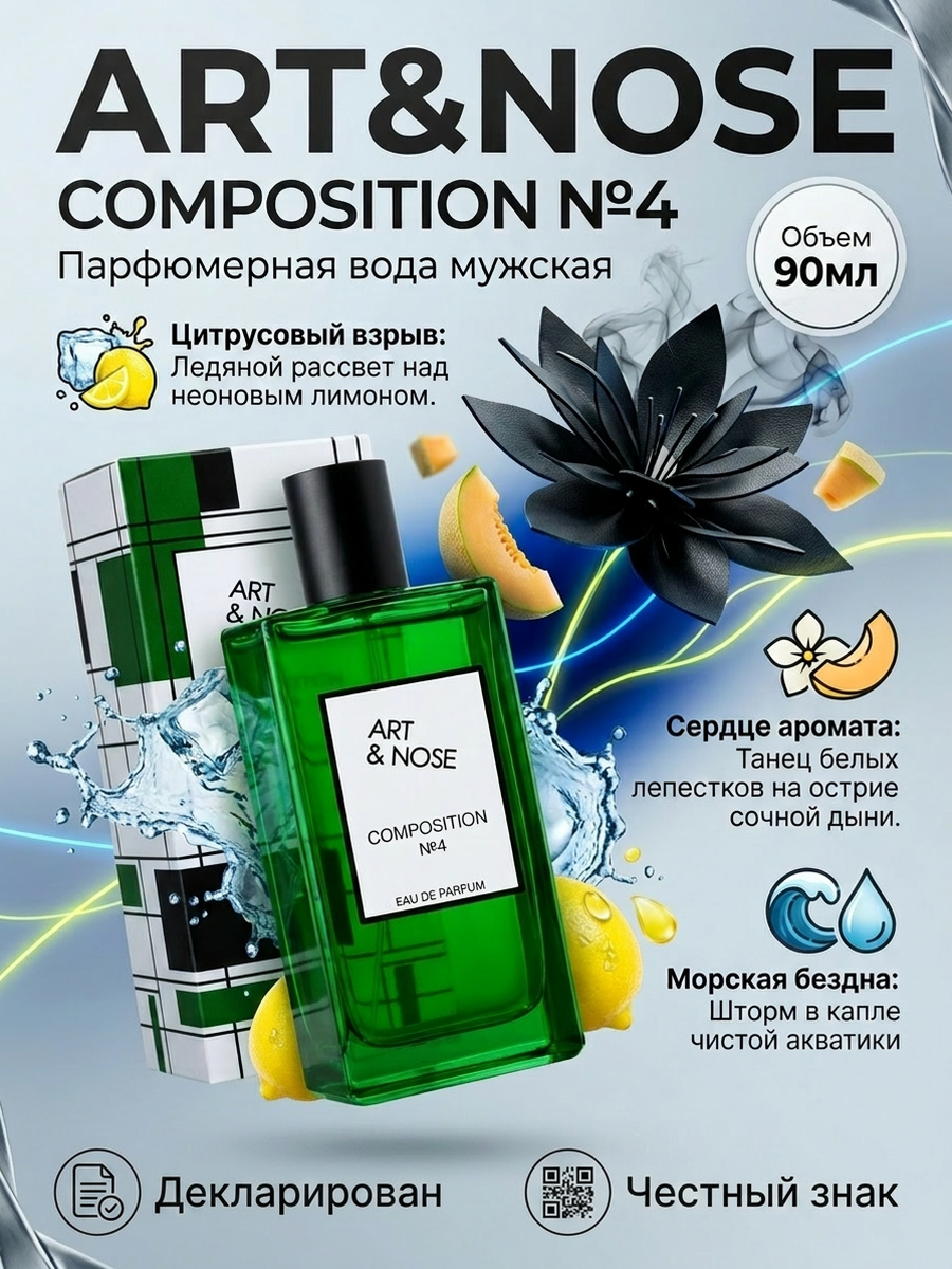 Art&Nose Composition №4 Парфюмированная вода мужская 90мл цитрусовый, водный, кожаный аромат