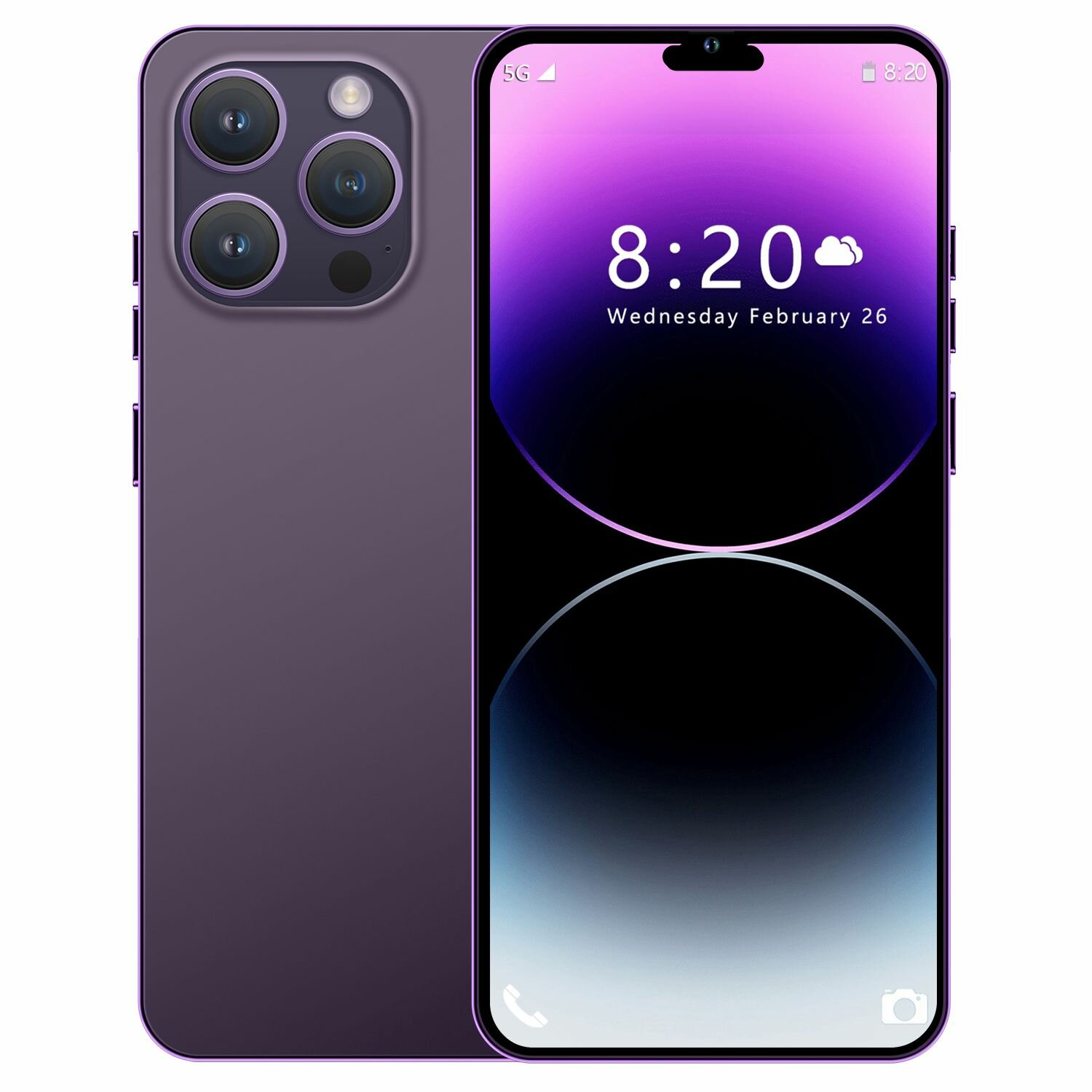 Смартфон Глобальная версия i15 Pro Max с 7,3-дюймовым экраном сети 5G поддерживает русский язык 16/1 ТБ, Micro-SIM, фиолетовый, белый