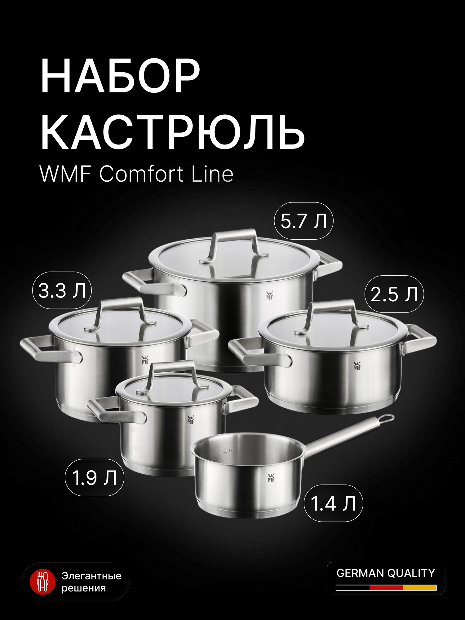 Набор каcтрюль WMF Comfort Line, 5 предметов, нержавеющая сталь, для всех видов плит