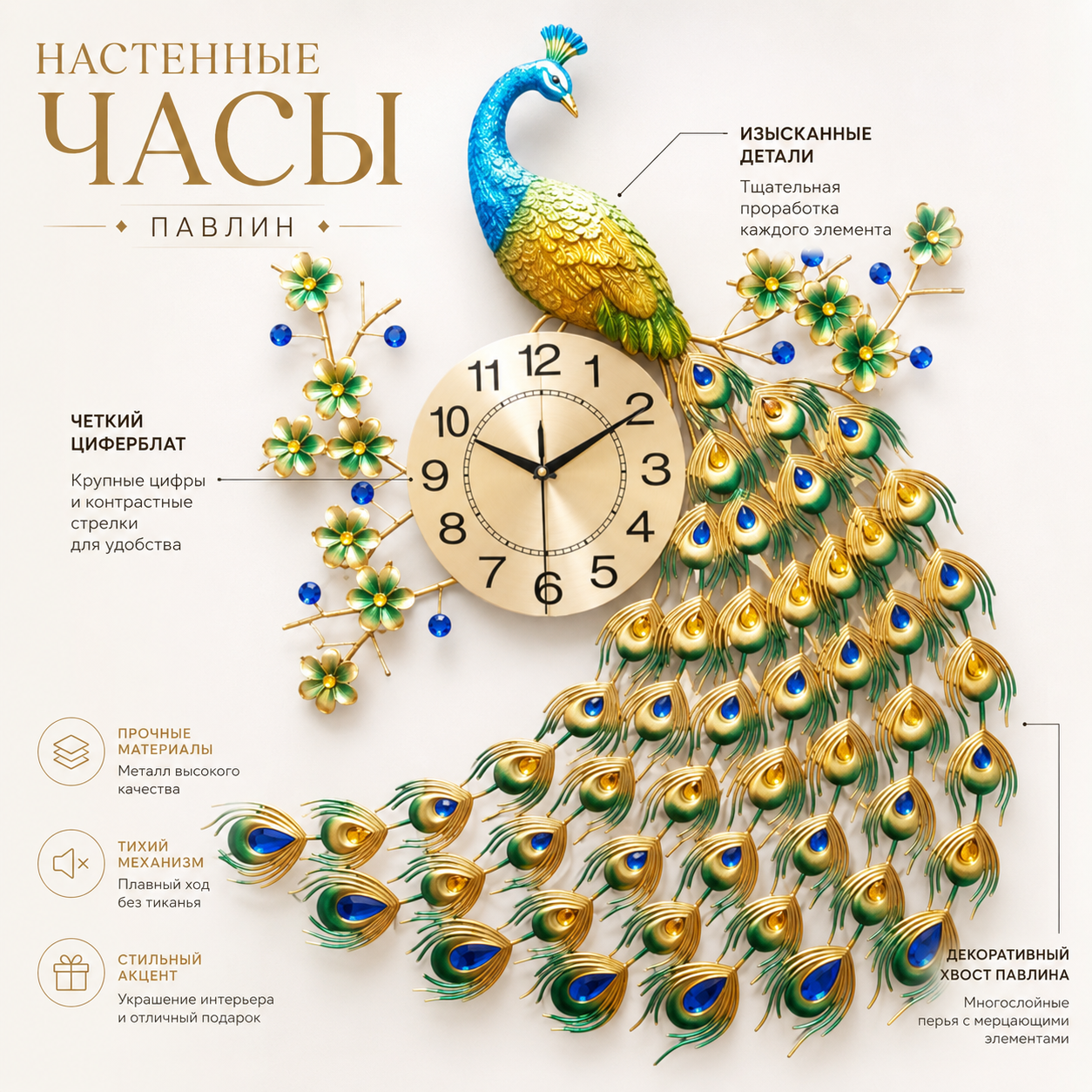 Декоративные кварцевые настенные часы с узором павлина, бесшумные модные креативные большие настенные часы на стену