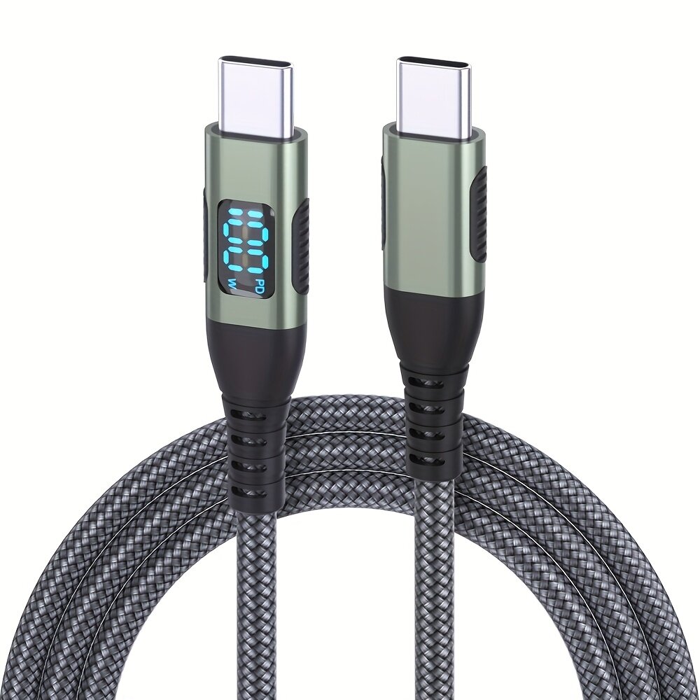 Кабель USB-C to USB-C быстрая зарядка 100W с LED дисплеем, 480Mbps, нейлоновая оплетка, 3 м, зеленый, 1 шт, для iPhone 15 Plus Pro Max, Galaxy, iPad Pro