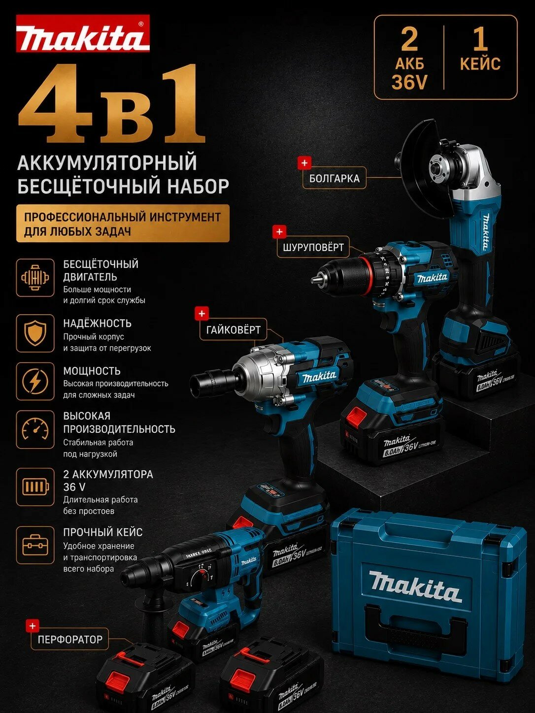 Набор инструментов 4в1, 2 аккумулятора, зарядное устройство, кейс