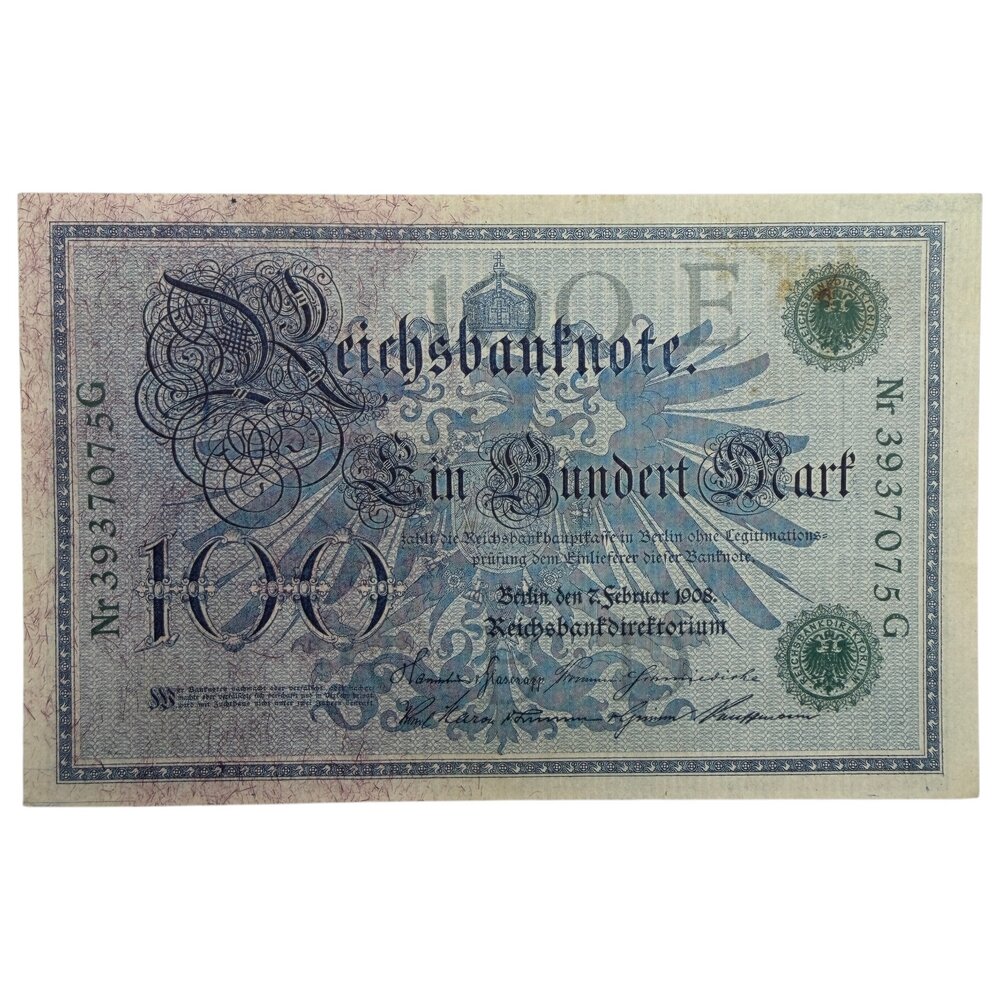 Германская империя (Германия) 100 марок 1908 г. (Зелёные печати) (Литера E) (Серия G) (Лот №2)