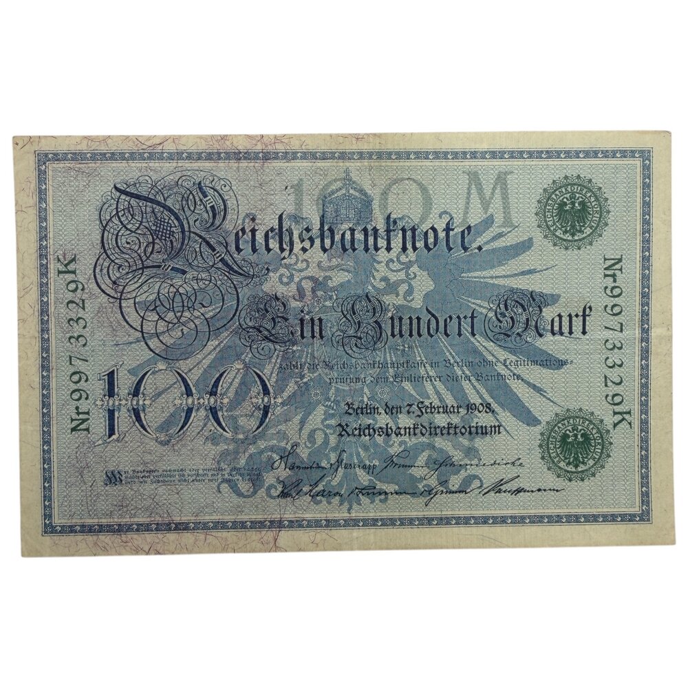 Германская империя (Германия) 100 марок 1908 г. (Зелёные печати) (Литера M) (Серия K)