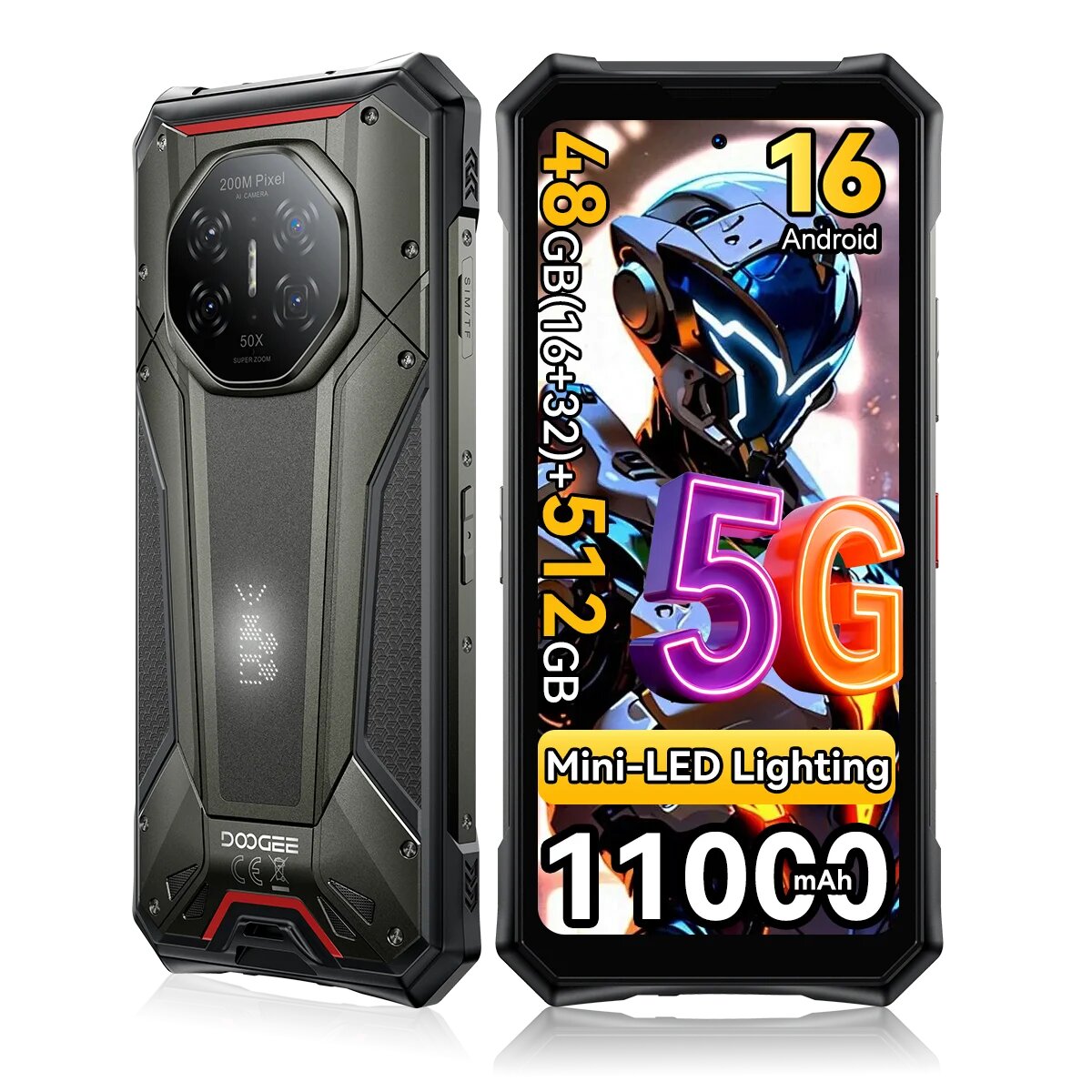 Защищенный смартфон DOOGEE S300 Pro, 48 ГБ (16+32) + 512 ГБ, 11000 мАч, 6,78-дюймовый FHD-экран.