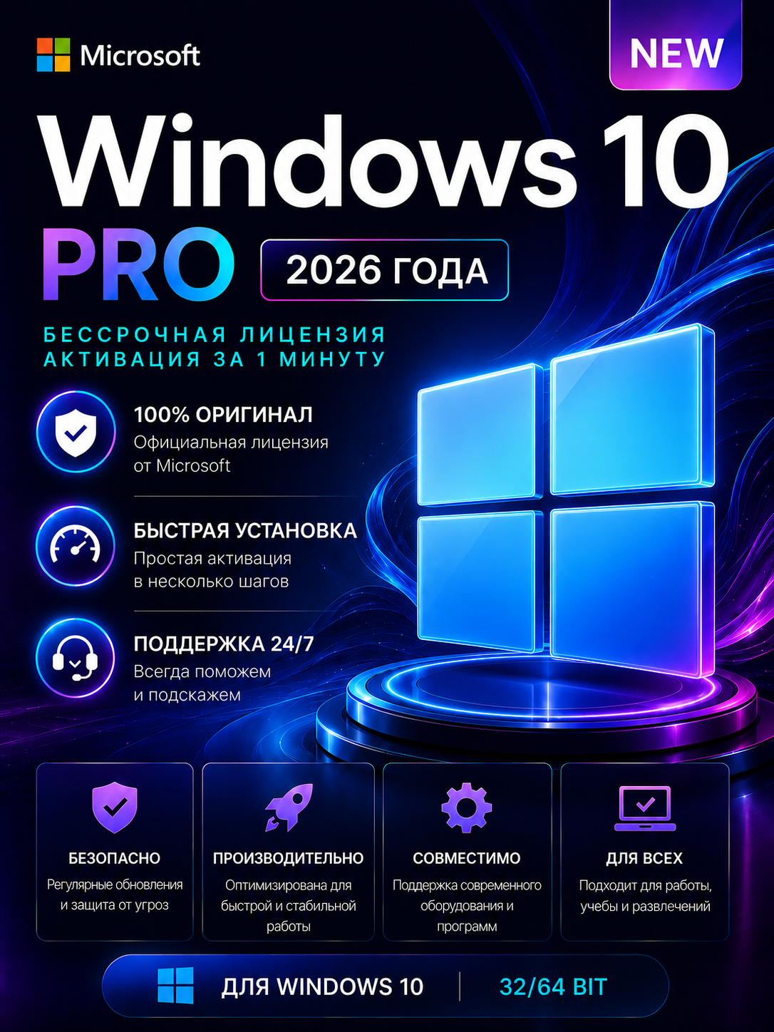 Microsoft Windows 10 Pro (Professional) 2026 NEW — электронный ключ активации, бессрочная лицензия