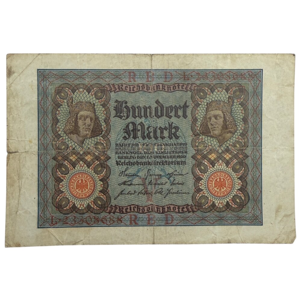 Веймарская республика (Германия) 100 марок 1920 г. (Литера V) (Серия L) (8-значный номер)