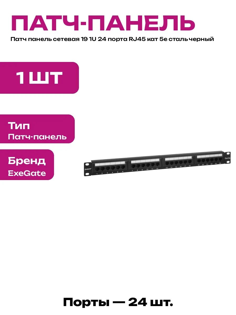 Стоечная патч панель 24 порта 1U 19 дюймов черная сталь