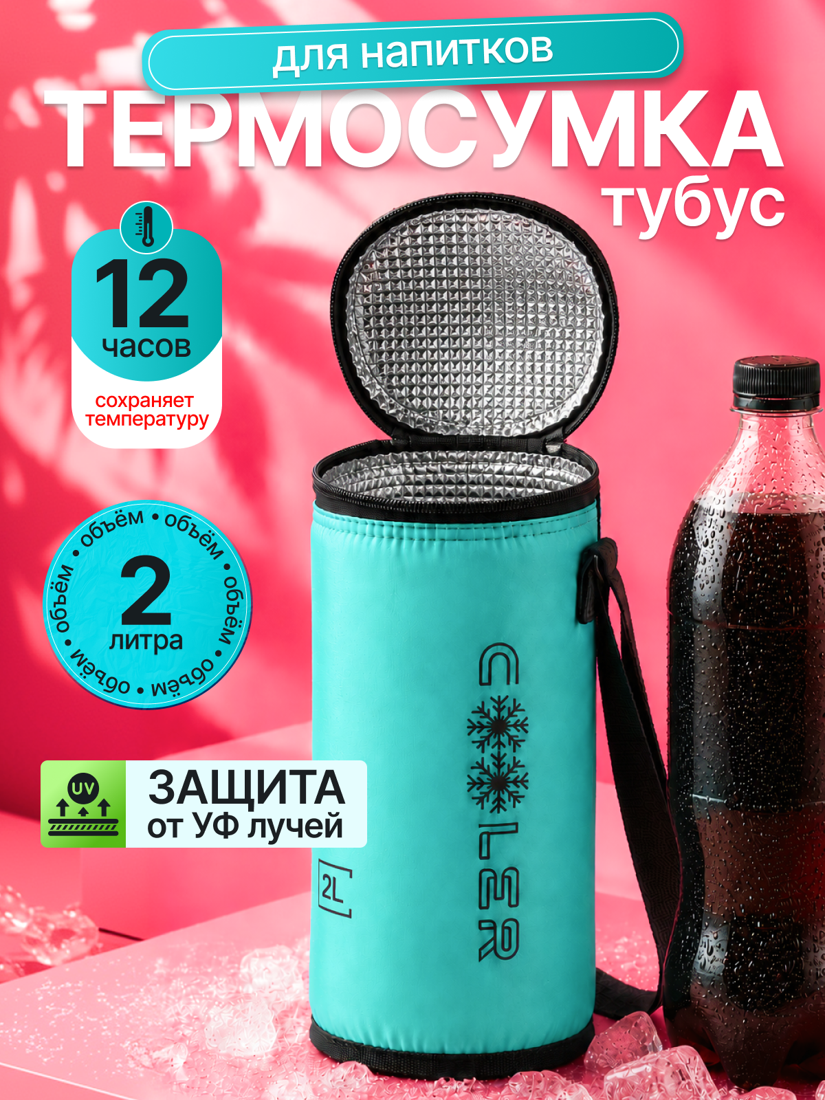 Термосумка холодильник 2 литра, сумка-тубус для бутылок, напитков, маленькая