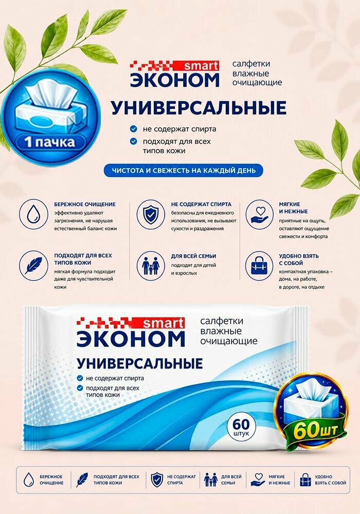 Салфетки влажные очищающие универсальные Эконом Smart, 60 шт х 1уп