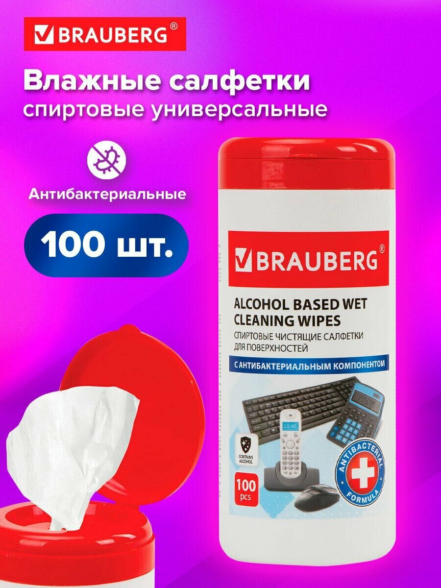 Салфетки влажные для уборки, антибактериальные, Brauberg, 13х17 см, 100 шт