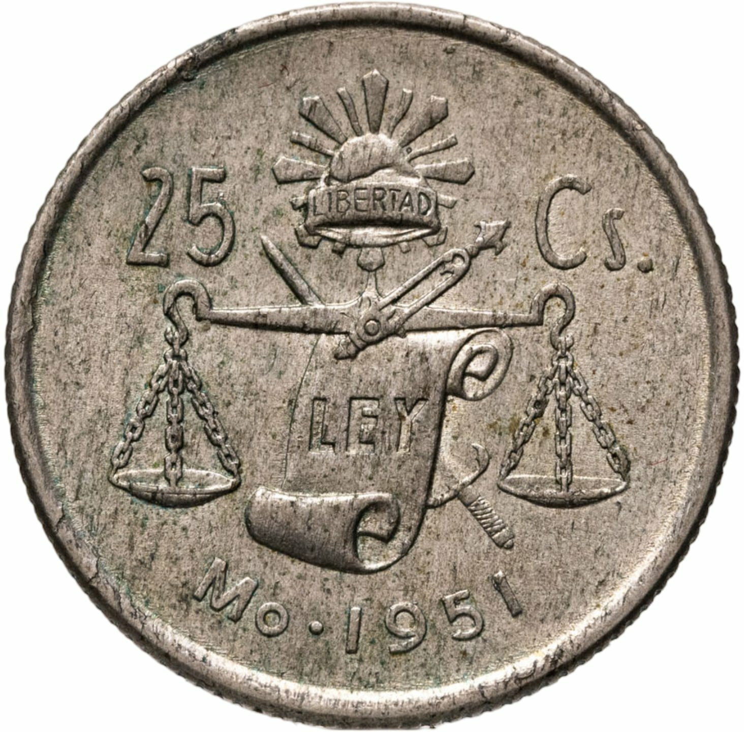 Мексика 25 сентаво centavos 1951, Серебро 300, в сохранности VF