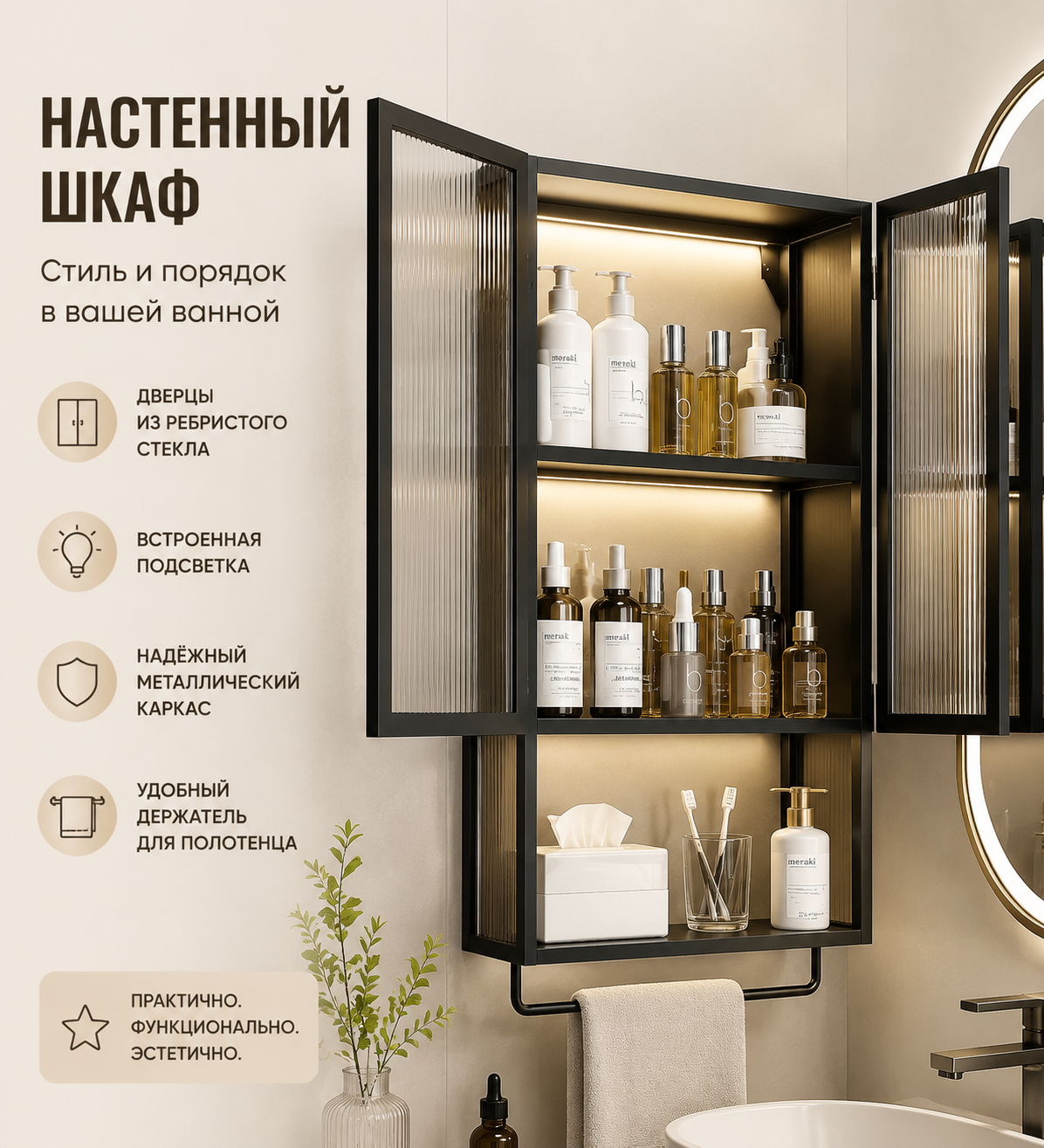 Водостойкий настенный шкаф над раковиной, двойные дверцы из вертикального рифленого стекла, 50х14.5х70 см