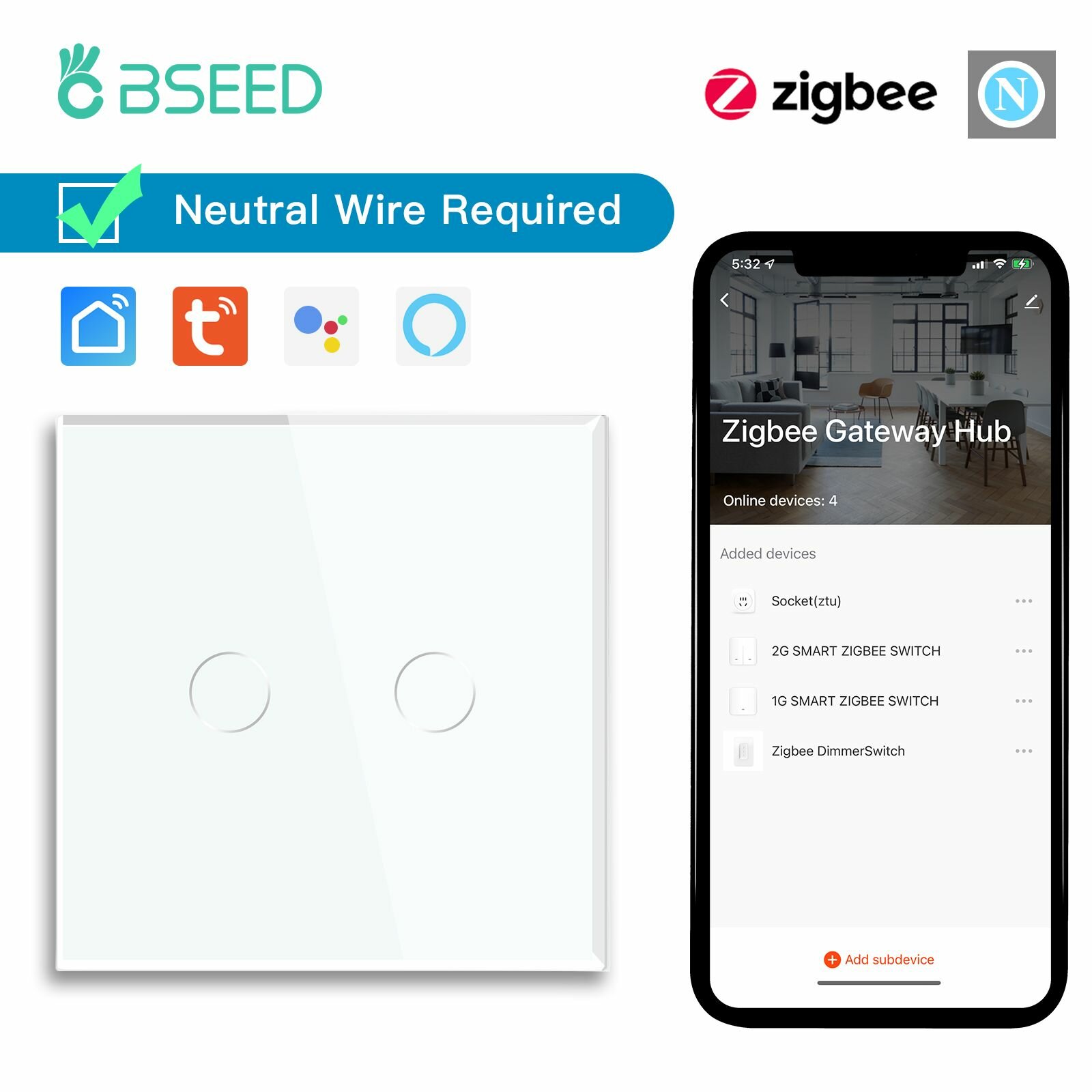 Сенсорный выключатель умный, Zigbee, Два клавиши, с Алисой, голосовое управление, с панелью из закаленного стекла,86mm двухклавишный стеклянный для умного дома