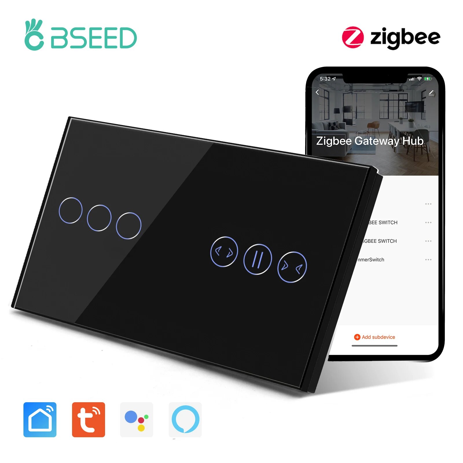 Умный переключатель штор BSEED ZigBee Black 3Gang