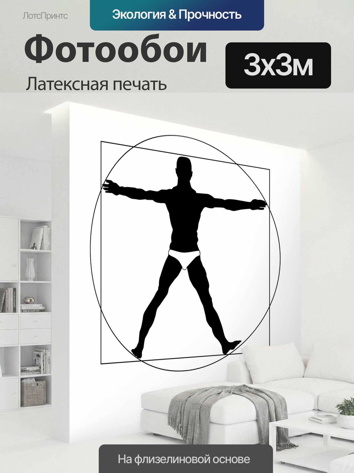 Фотообои моющиеся ударопрочные "Силуэт, человек, леонардо да винчи" 300x300 см. латексная печать