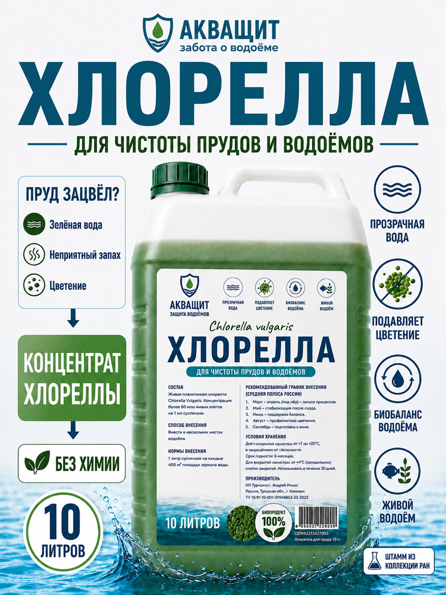 Хлорелла для пруда (Chlorella vulgaris) 10л живая водоросль для очистки воды от цветения и мути