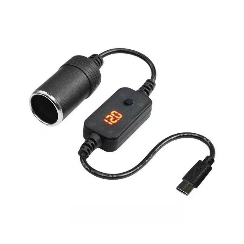 USB Type-C адаптер для прикуривателя 12V, регулируемое напряжение 5V/9V/15V/20V, дисплей напряжения, длина 24 дюйма (61 см), черный, для видеорегистраторов, GPS и авторекордеров