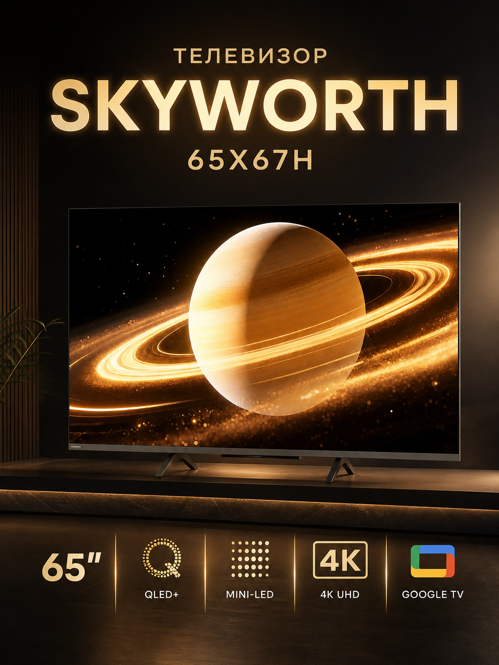 Телевизор Skyworth 65" 65X67H, QLED+, 4K Ultra HD, Google TV, черный