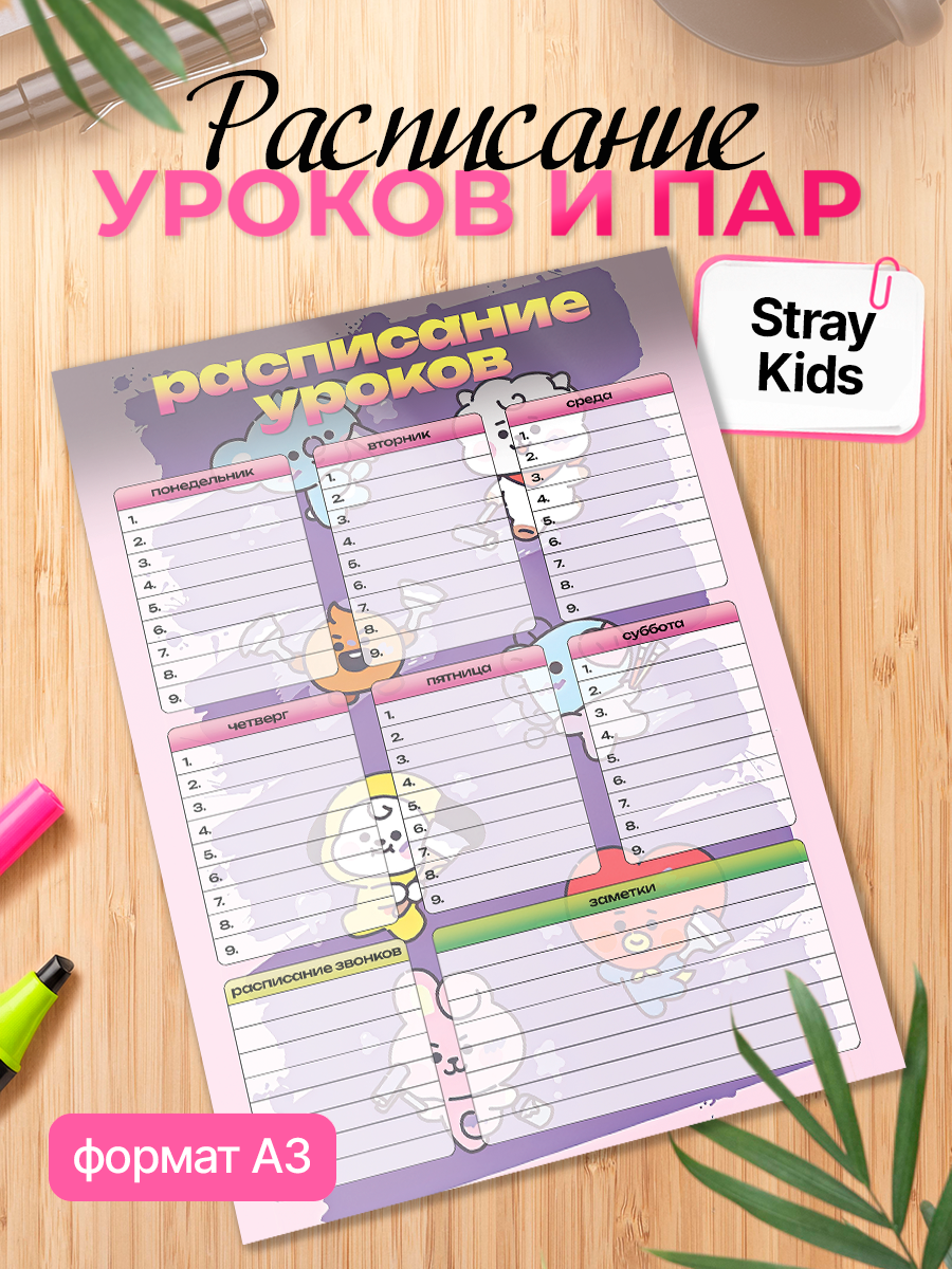 Расписание уроков школьное, формат А3 29,7х42 см, "BTS BT21"
