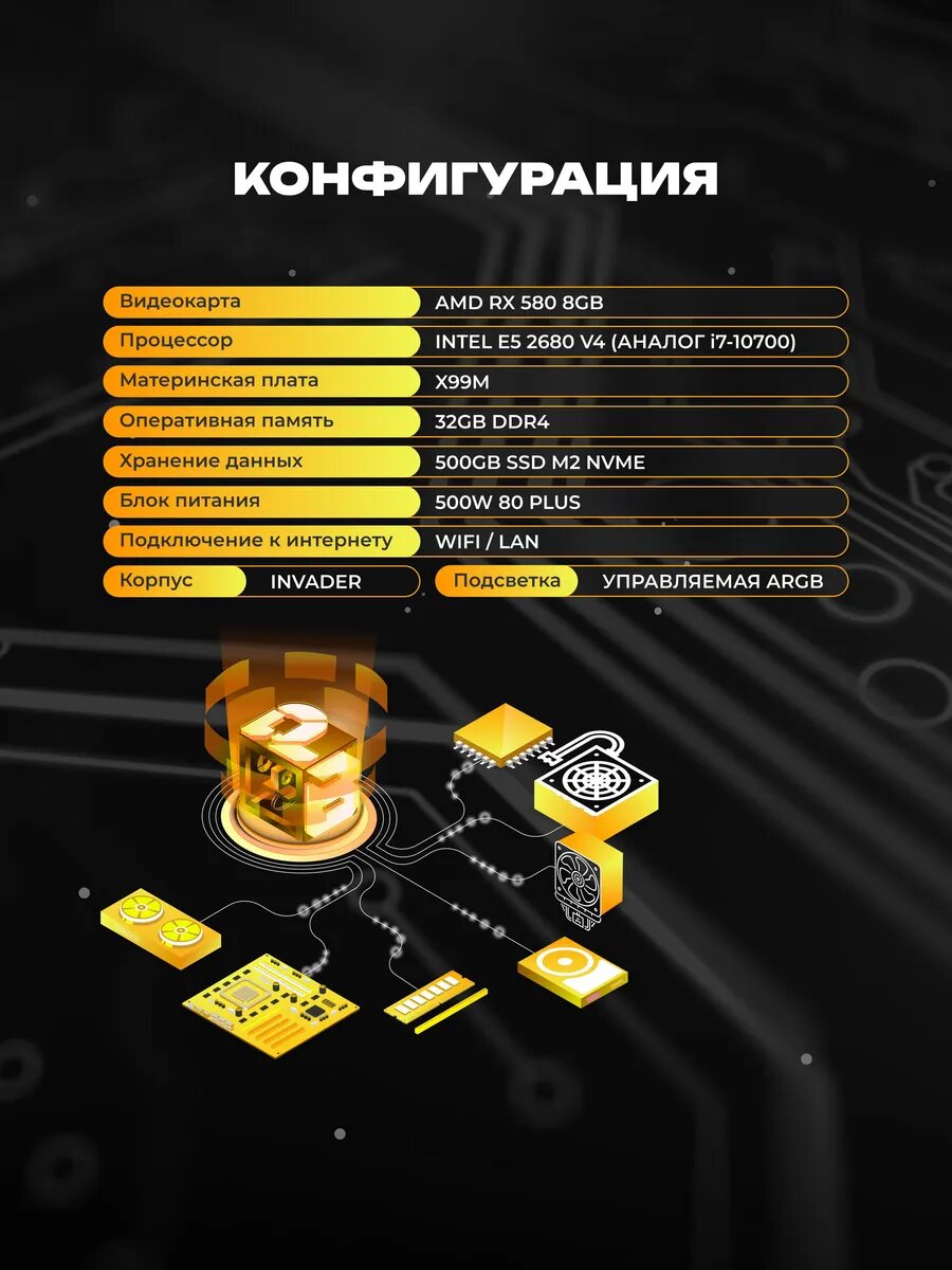 Системный блок мощный ПК, AMD Radeon RX 580, Intel Xeon E5-2680 v4, DDR4 32 ГБ, SSD 512 ГБ — фото 1