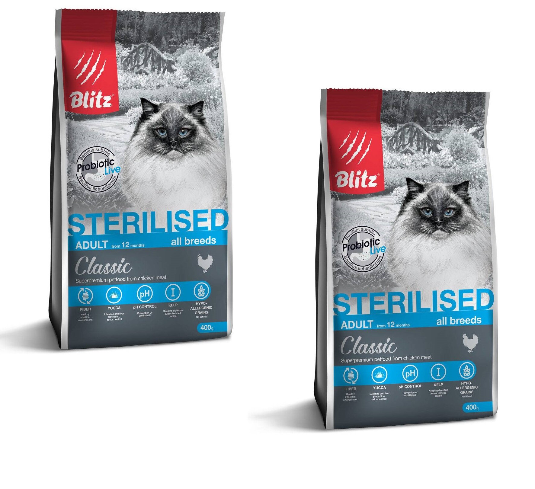 Сухой корм Блиц Sterilised Classic для взрослых стерилизованных кошек Курица 400г 2шт
