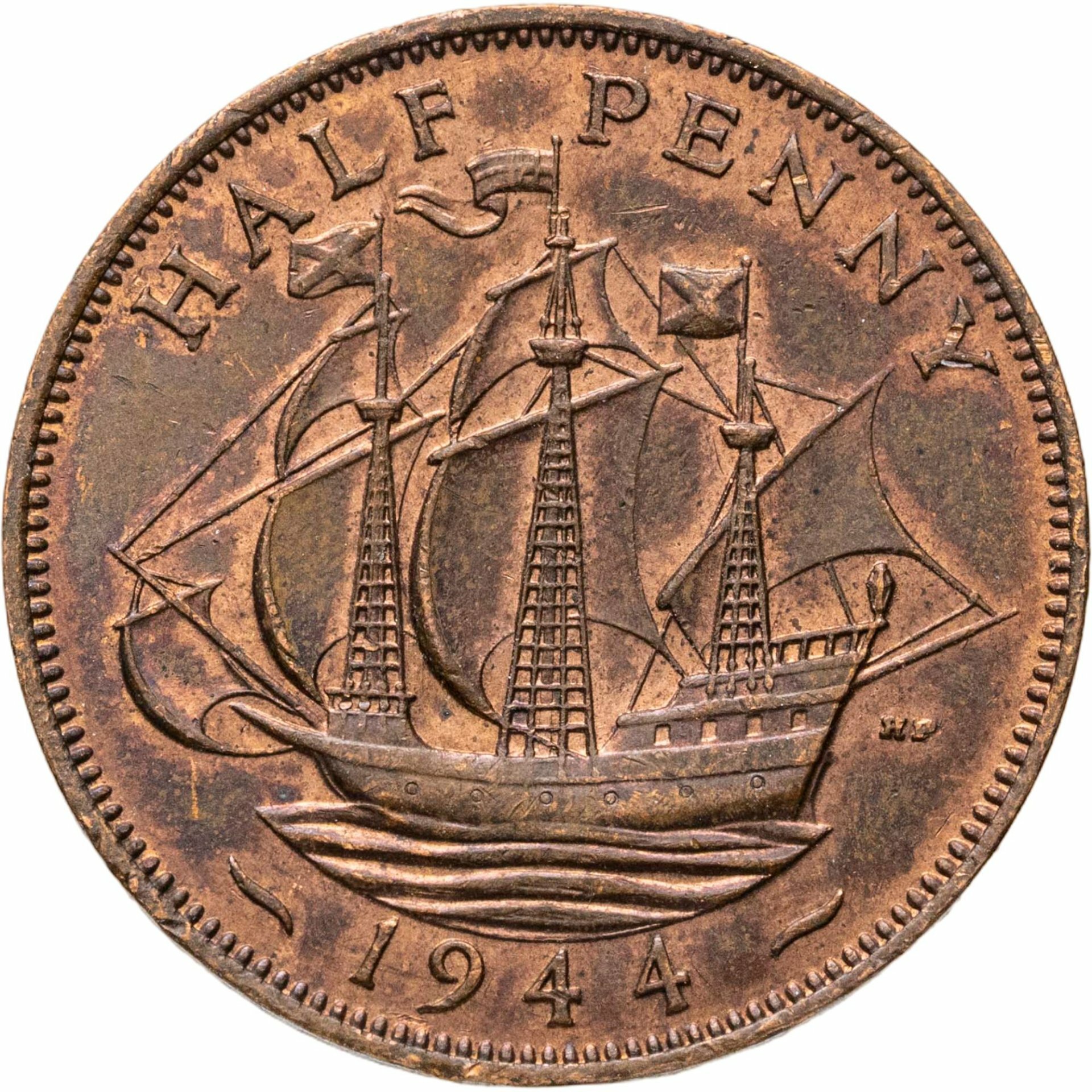 Великобритания 1/2 пенни 1944, Бронза, в сохранности XF