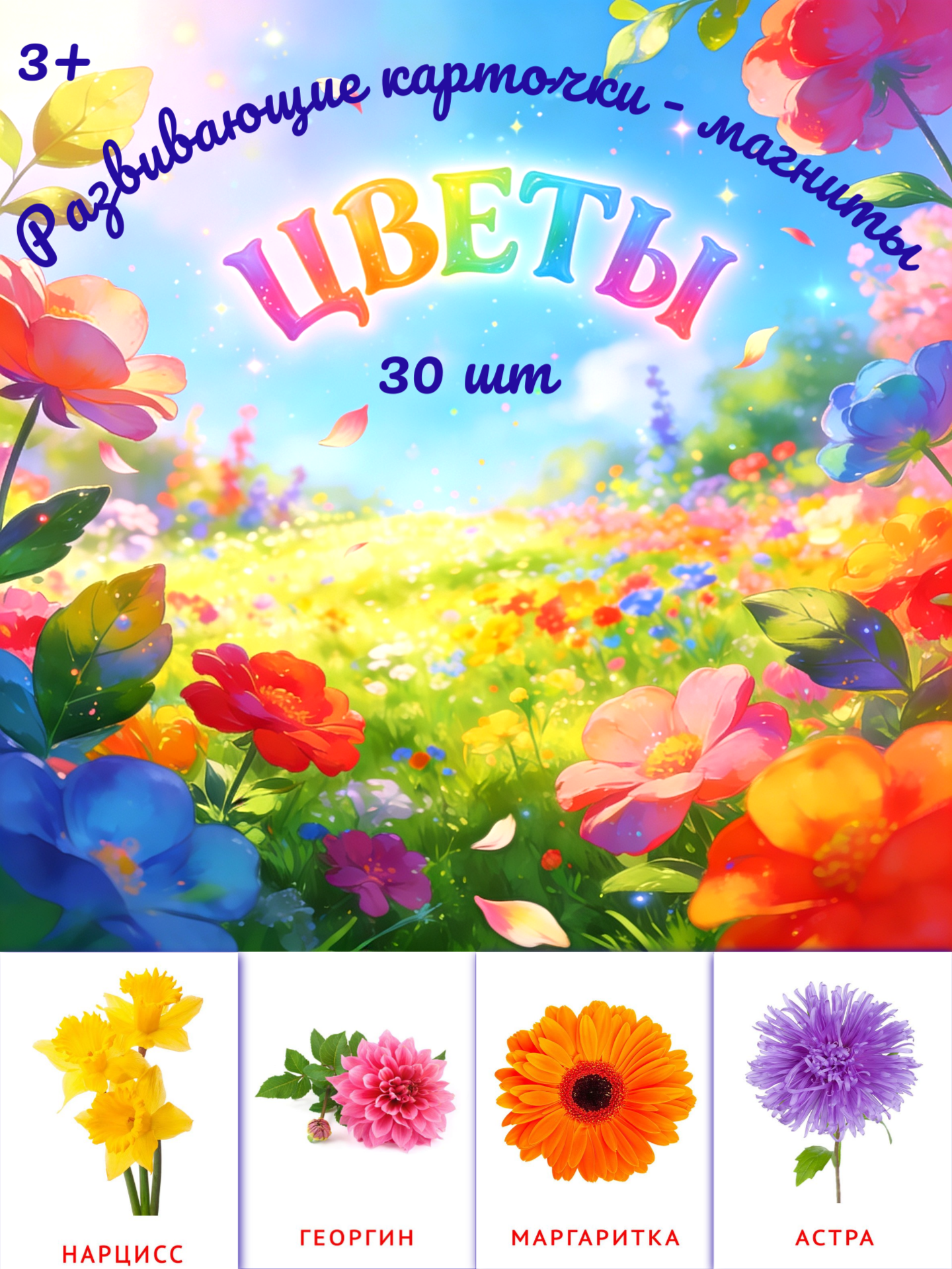 Развивающие карточки-магниты "цветы", для обучения детей 3- 6 лет от "фабрики магнитных ИГР", магнитный винил, 30 шт.
