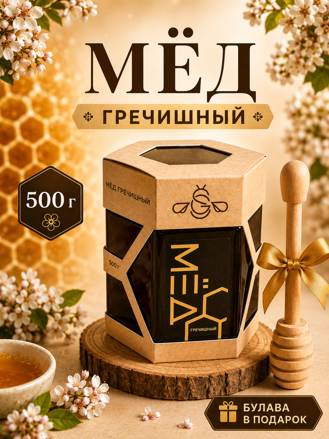 Мёд натуральный "Гречишный", подарочный, 500г, стеклянная банка, без сахара, без ГМО