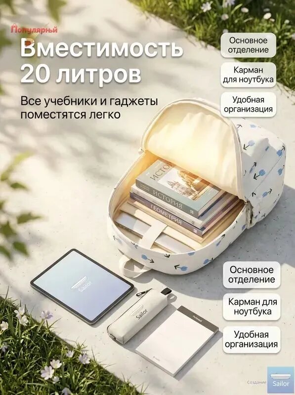 Женский городской рюкзак из нейлона с цветочным принтом, 39x28x13 см, для альпинизма и повседневного использования — фото 1
