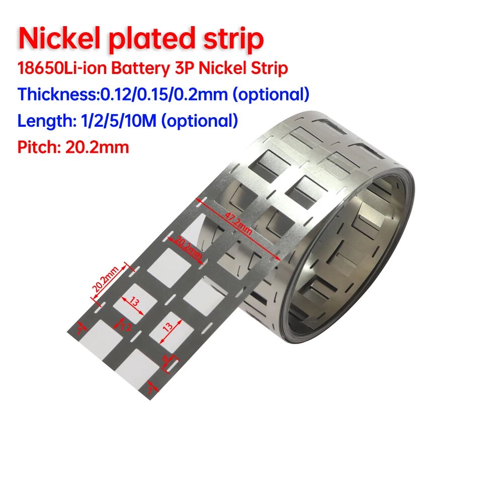 Никелированная полоса DSUNYK для сварки аккумуляторов 2 meter, thickness 0.12mm, 3P 20.2x47.2mm